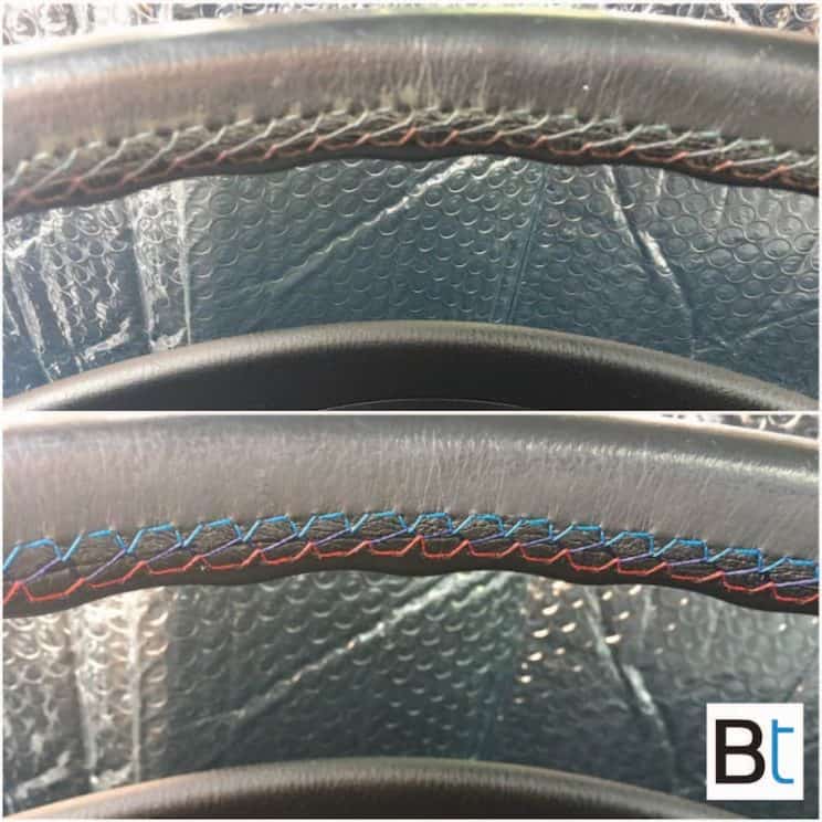 Clean dirty stitching; colored steering wheel threads. - BIMMERtips.com