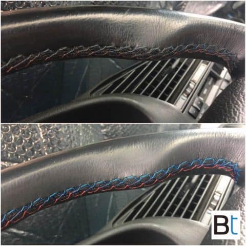 Clean dirty stitching; colored steering wheel threads. - BIMMERtips.com